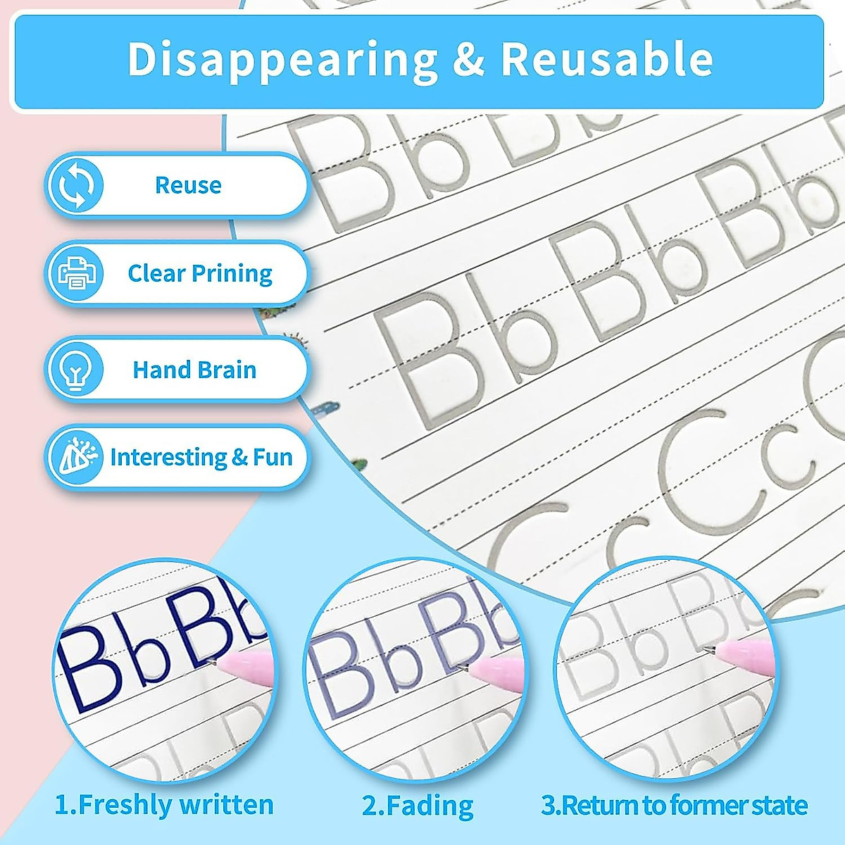 Learn-Journey Upgraded Large Size Magic Practice Copybook for Kids, Handwriting Practice Workbook, Reusable Writing Practice Book for Preschools(4 Books with Pens)-Blue Bag