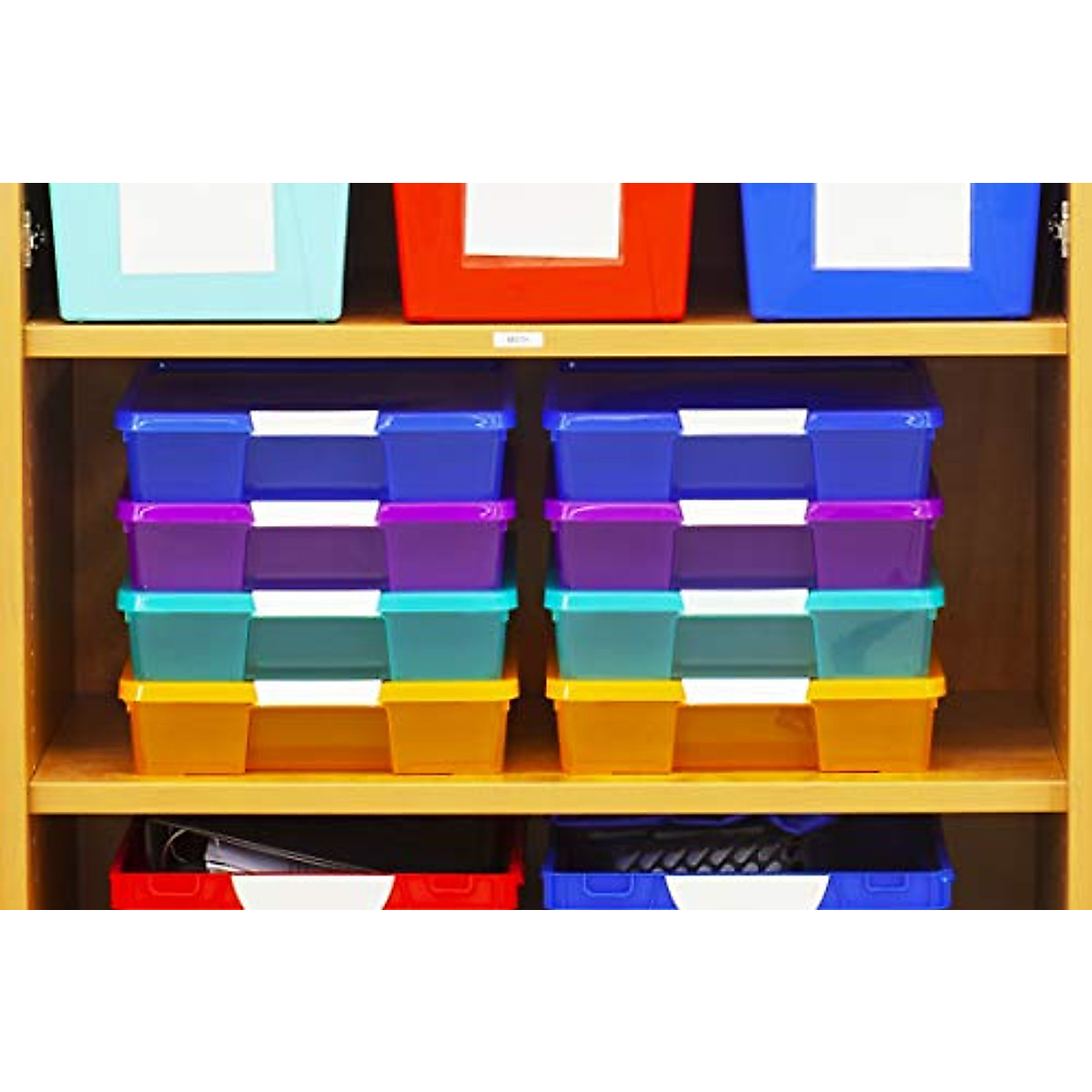 Storex Classroom Student Project Box, 15.25 x 13.25 x 3.25 inches , Assorted Tints, 5-Pack (63202U05C), standard sized