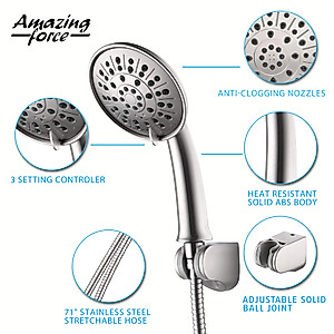 AMAZING FORCE Rainfall Shower Head Combo, Shower Wand,High Pressure Shower Head and 3-Setting Handheld Shower Head with Anti-Clogging Nozzles and Adjustable Solid Ball Joint 1.8 GPM