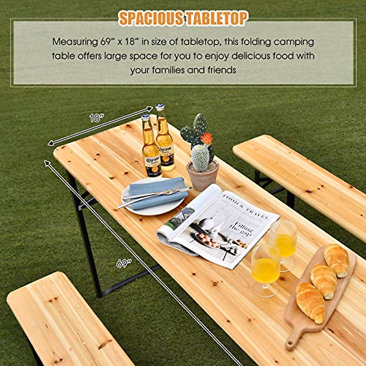 Rainfally 70” 3-Piece Portable Folding Picnic Table Bench Set, Portable Picnic Beer Table w/Wooden Tabletop, Outdoor Foldable Dining Table Set for Party, Picnic, Camping, Patio, Garden, Natural Brown
