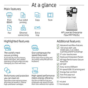 HP LaserJet Enterprise Flow MFP M635z Monochrome All-in-One Printer with built-in Ethernet, 2-sided printing, high-capacity input feeder, wheeled stand & 3-bin stapler/stacker (7PS99A)