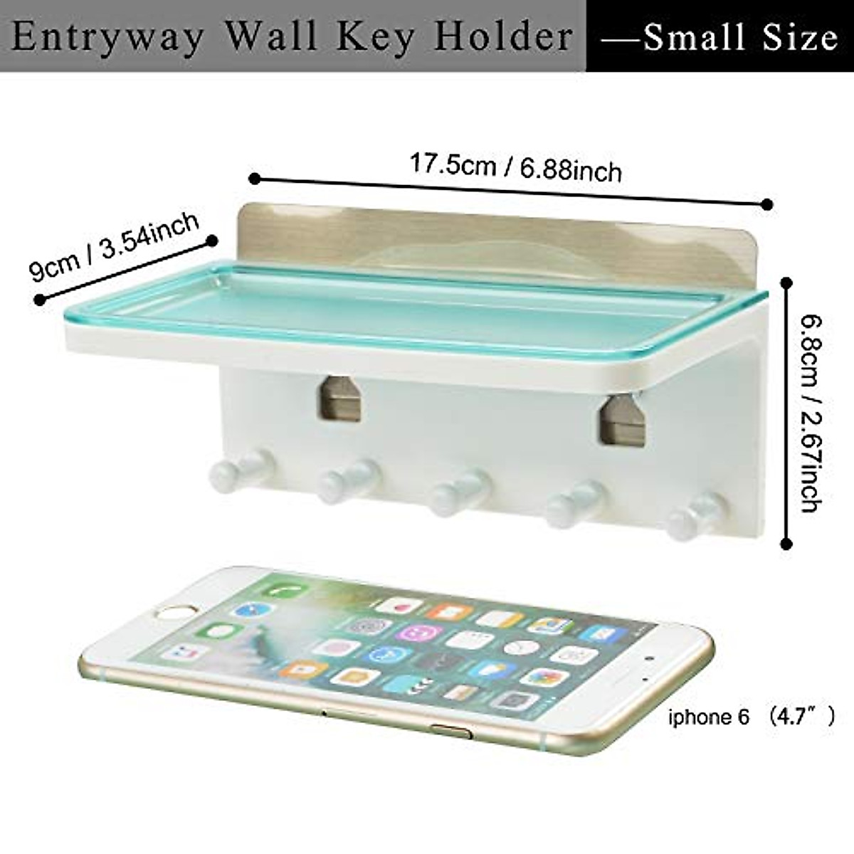 JDGOOMA Wall Mount Entryway Storage Organizer Small Stick On Key Holder Mail Letter Sorter Adhesive Wall Shelf with 5 Hooks -Leash,Keys Holder for Entryway,Mudroom,Hallway,Kitchen(Gray)