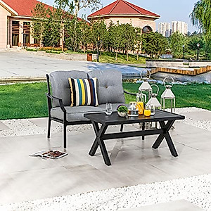 LOKATSE HOME 2 Pieces Outdoor Patio Conversation Furniture Metal Bench Sofa Set Loveseat with Cushion and Coffee Table, Grey
