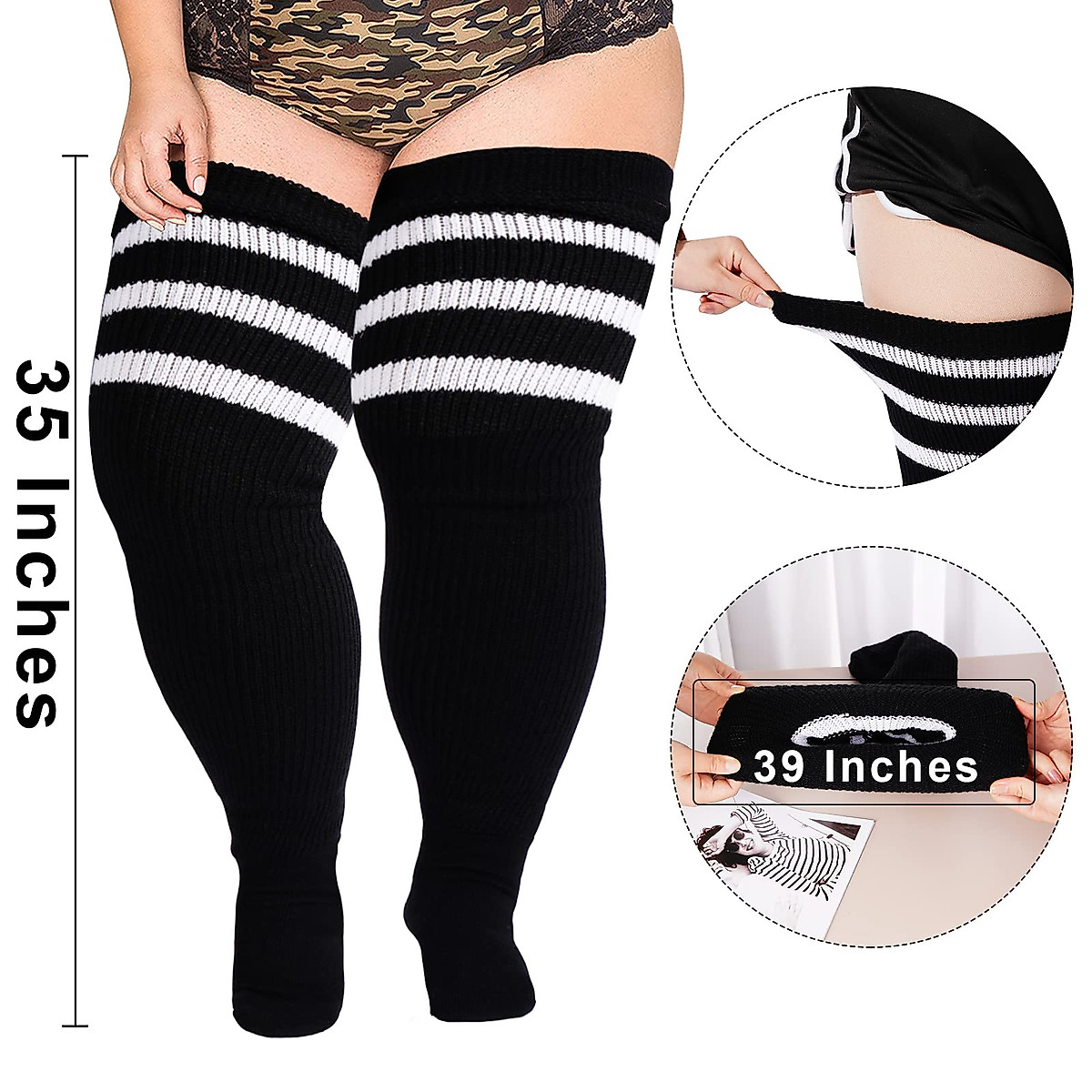 Plus Size Womens Thigh High Socks for Thick Thighs- Extra Long Striped Thick Over the Knee Socks- Leg Warmer Boot Socks