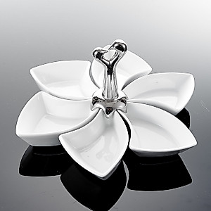 MALACASA Pack of 6 Porcelain Sauce Dishes Plates Serving Saucers Bowl with Stainless Steel Stand Holder For Appetizer Chips & Ketchup Sauce Serving White