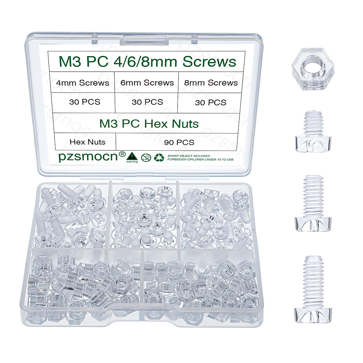 Pzsmocn 180 Pieces M3*4/6/8mm PC Transparent Plastic Cross-recessed Round Head Screws and Hexagonal Nuts Kit, Corrosion-Resistant, for DIY, Model and Electronic Product Fixation.