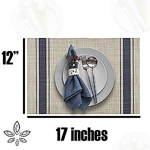 More Décor Dining Table Placemats, Washable Heat-Resistant PVC Vinyl Table Mats for Dining Room and Kitchen, Anti-Slip - Set of 6 - Vertical Striped Blue - Grey