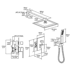 Artiqua Rain Shower System 12 Inches Shower Combo Set Black Wall Mount Faucet Bathroom Faucets with Rainfall Shower Head and Hand Shower