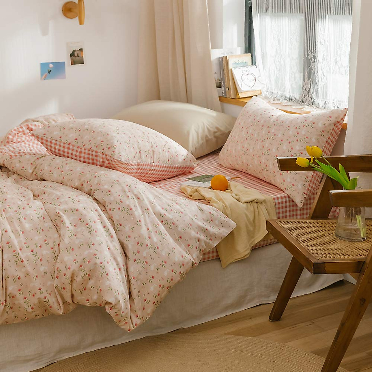 BlueBlue Rabbit Duvet Cover Set Queen 100% Cotton Bedding for Kids Boys Girls Teens Cartoon Bunny Red Flower Garden on Pink 1 Reversible Check Comforter Cover Full 2 Pillowcases