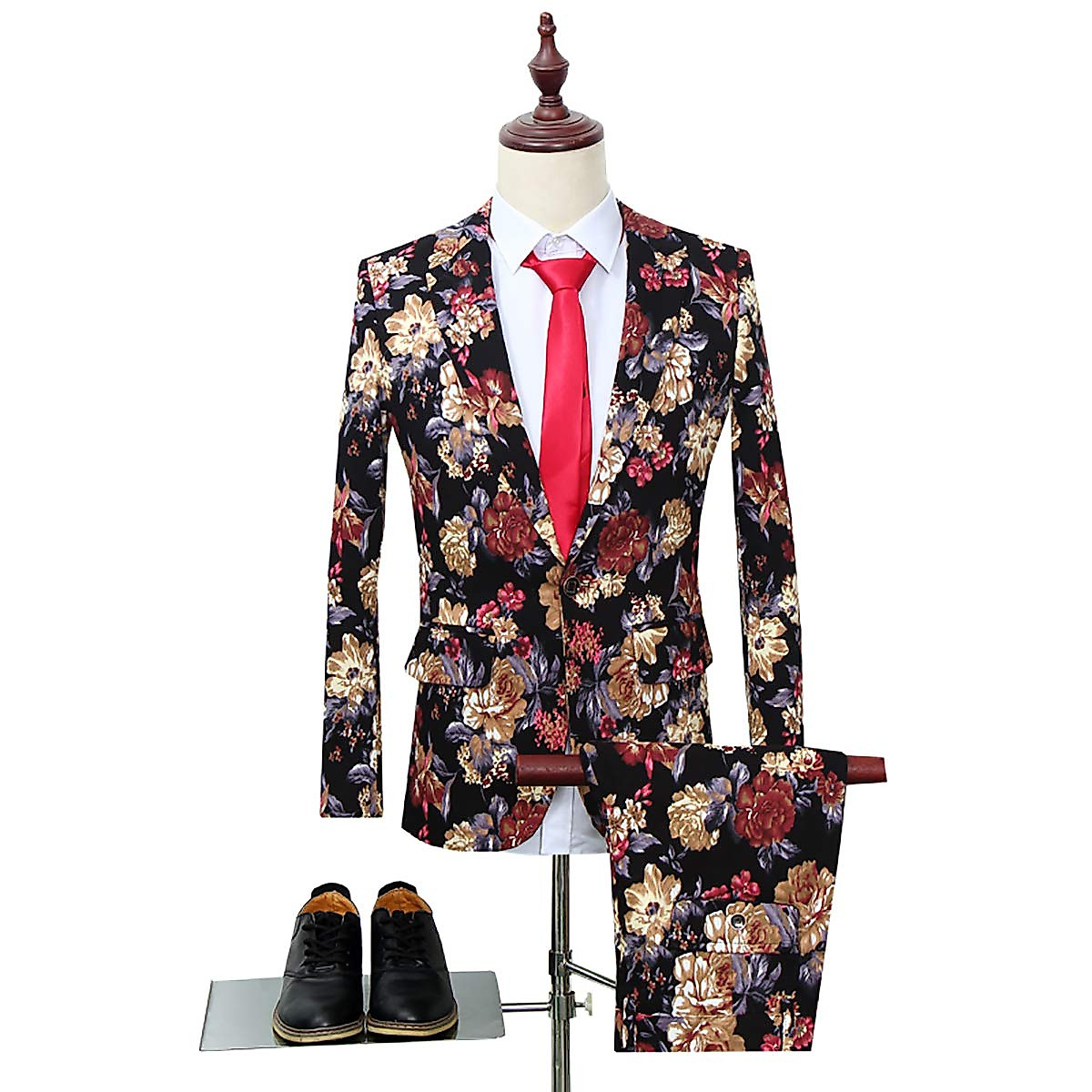 Mens 2 Piece Suit Notched Lapel Sport Coat Floral One Button Slim Fit Tweed Suit, K1, X-Large