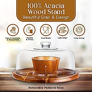 Acacia Wood Cake Stand with Clear Acrylic Dome Cover - 6-in-1 Multifunctional Cake Holder, Serving Platter, Salad Bowl, Punch Bowl, Veggie Stand, Snack Tray - Extra Large Cake Platter,