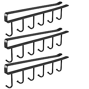 Achenyu Cup Holder Hanger Under Cabinet - Mug Hook Hanger Under Shelf - 3pcs x 6 Hook Coffee Cup Mug Holder Hanger for Kitchen - Fit for 0.8 Inch Thickness Shelf or Less (Black)