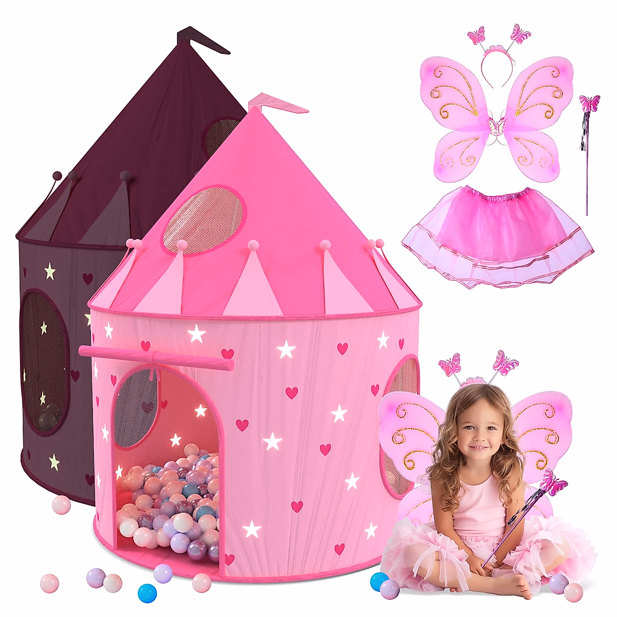 Playz 5-Piece Princess Castle Girls Pop Up Play Tent & Dress Up Costume Bundle - Playhouse Gift for Girls & Toddler for Indoor & Outdoor Use with Pink Fairy Tale Carrying Bag & Glow in The Dark Stars