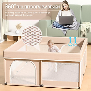 Omzer Baby Playpen with Mat 71"×59" - Extra Large Playpen for Babies and Toddlers with Mat Included, Safety Playard for Baby with Gate, All-Wrapped Soft Sponge Baby Gate Playpen with Stable Mat Velcro