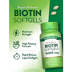 Nature's Truth Biotin 10,000mcg | 100 Softgels | Non-GMO Gluten Free Supplement