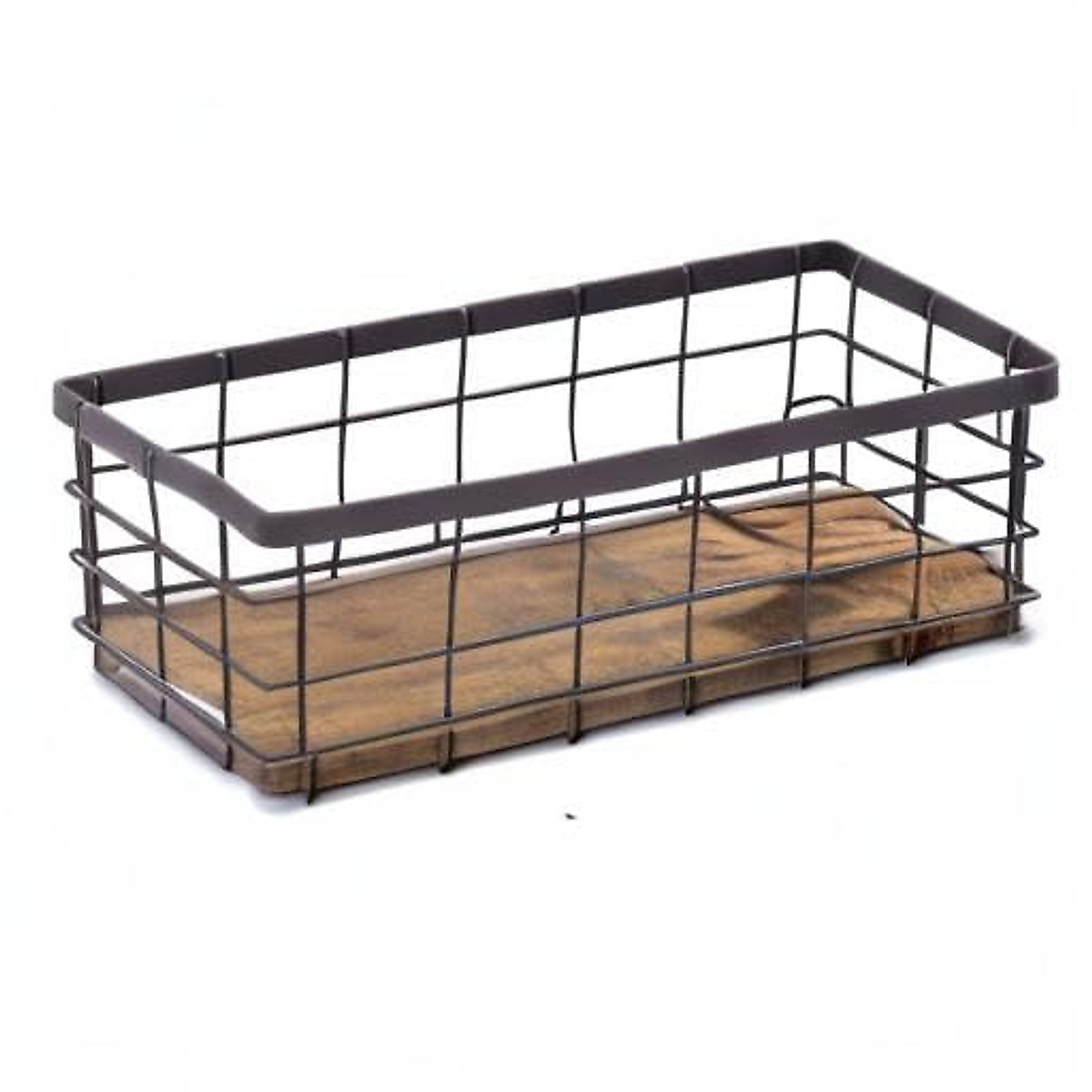 TIEYIPIN Small Metal Wire Storage Basket, Detachable Wood Base Storage Organizer Bin Basket for Kitchen Cabinets, Bathroom, Pantry, Garage, Laundry Room - Brown