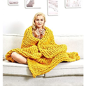 APIXO Chunky Knit Blanket Chenille Throw 60''x 80''- Tight Braided Thick Cable Knit Throw for Sofa or Bed - 100% Hand Made Chenille Weighted Blanket, Ginger-152x200cm