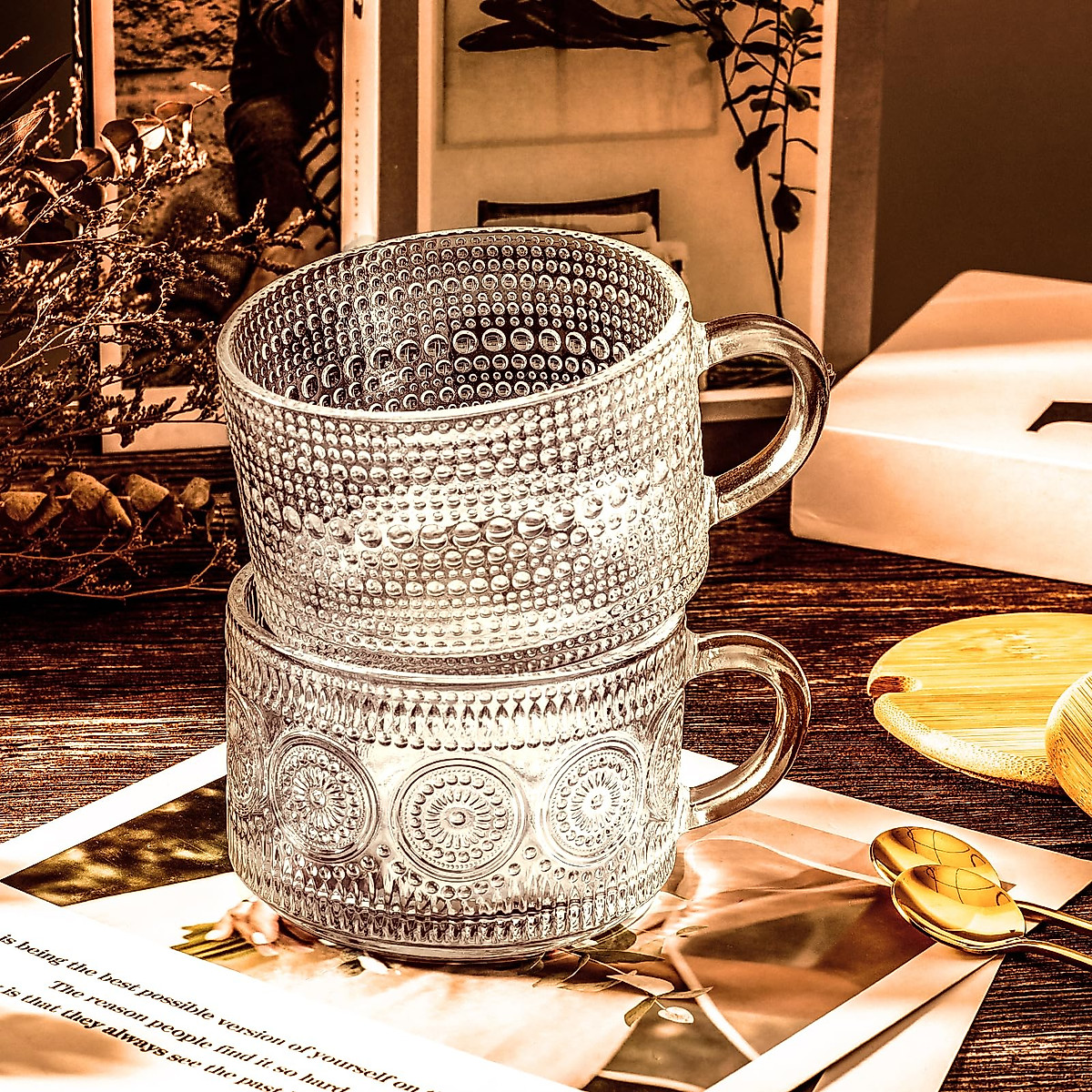 14oz Glass Coffee Mugs Cups , Overnight Oats Containers with Bamboo Lids and Spoons,Coffee Bar Accessories,Clear Embossed Tea Cups,Coffee Cups for Cappuccino, Latte,Christmas Thanksgiving Gift