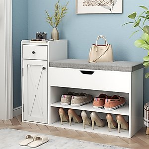 Loomie Shoe Storage Bench, 2-Tier Farmhouse Entryway Bench with Lift Top Storage Box, Drawer & Soft Removable Seat Cushion, Silm Shoe Rack with Shoe Cabinet for Entryway, Hallway, Bedroom, White