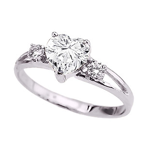 Modern Contemporary Rings 10k White Gold Heart Shape Cubic Zirconia & White Topaz Split Shank Three Stone Ring - Size 4