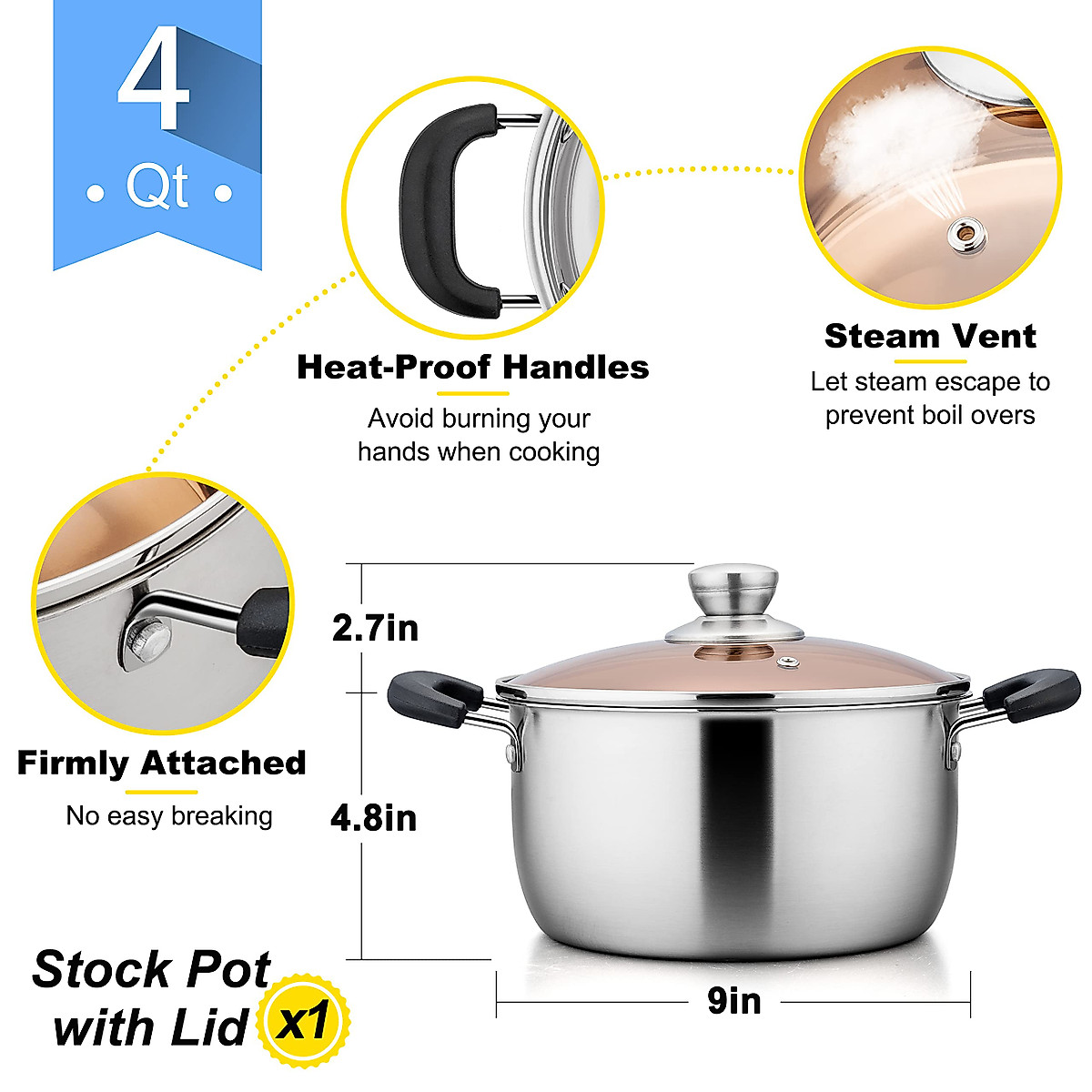 E-far 4 Quart Stock Pot, Stainless Steel Metal Soup Pot with Glass Lid for Cooking, Healthy & Rust Free, Heavy Duty & Dishwasher Safe