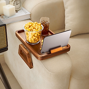 Tinamo Acacia Couch Arm Table with Phone Holder - Wooden Sofa Armrest Tray - Clip-on Tray for Wide Couch - Side Table for Eating & Drink (Acacia)