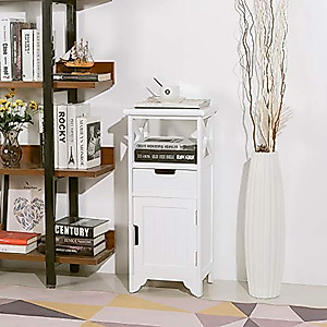 BECTSBEFF Tall End Table with Drawer and Doors(Fully Assembled), 30" Height Floor Standing Storage Cabinet with Shelf for Bathroom, Wood Side Table/Nightstand/Side Cabinet for Bedroom -White