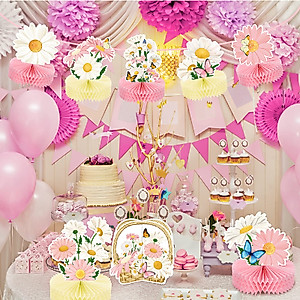 Hotop 9 Pcs Daisy Flower Birthday Party Decorations Daisy Butterfly Honeycomb Centerpieces 3D Daisy Centerpieces for Tables Pink Daisy Table Toppers Boho Groovy Party Decorations Girl Baby Shower