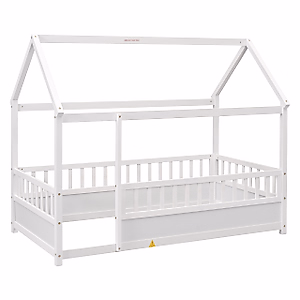 Kids Montessori Bed Twin Size, Twin Floor Bed with High Fence, House Bed for Kids, Girls, Boys, Wood Montessori Floor Bed Without Slats(White Twin)