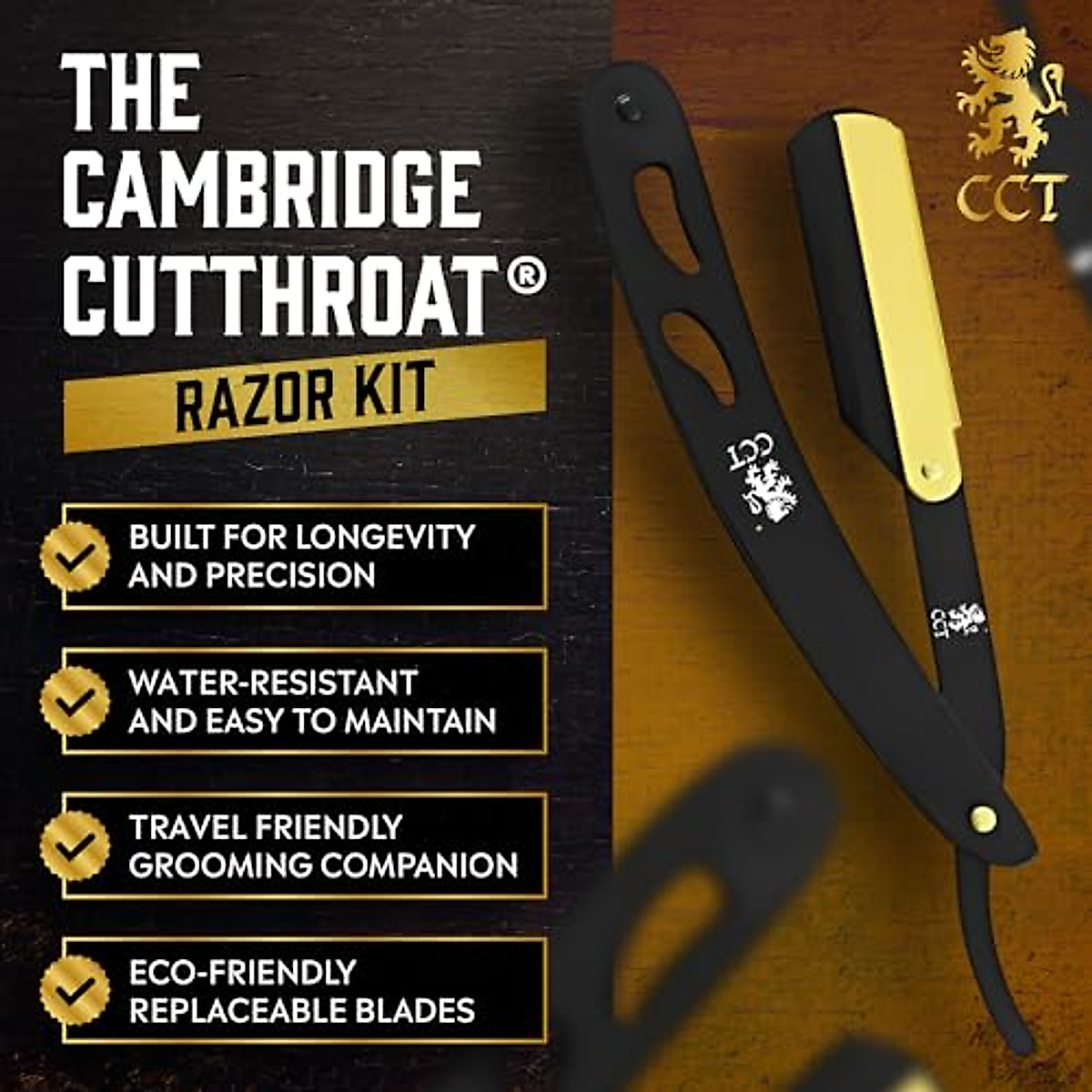 The Cambridge Cutthroat® Cut Throat Razor Kit with Travel Pouch - Black & Gold Stainless Steel Professional Barber Single Straight Edge for Men - Moustache Shaver & Beard Shaper