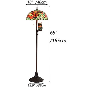 Bieye L10841 Maple Tree Leaves Tiffany Style Stained Glass Floor Lamp with 18 inches Wide Lampshade, Owl Side Lamp, 4-Light, 65 inches Tall