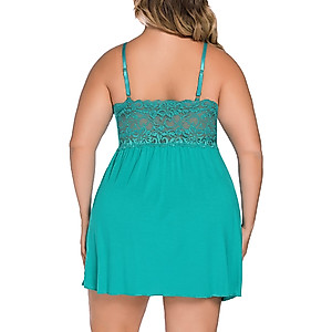 Ababoon Plus Size Lingerie for Women Lace Modal Chemises Nightgown V-Neck Full Slip Babydoll Sleepwear Size L-4XL (Turquoise,Large)