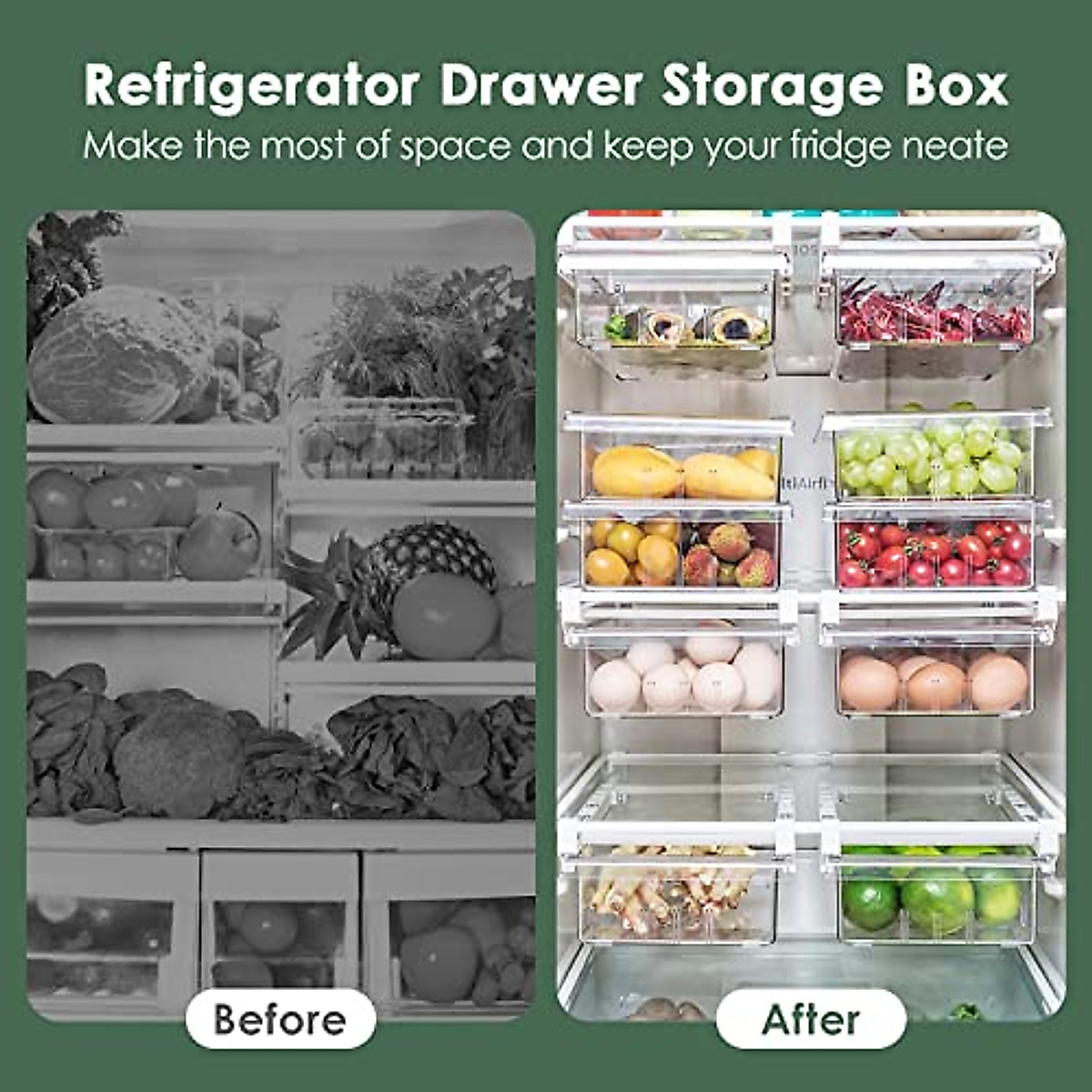 Yilingchild Fridge Drawer Organizer, Clear Refrigerator Organizer Bins with Handle, Pull-out Kitchen Fridge Storage Box for Egg Fruit Vegetable, Fit for Fridge Shelf Under 0.6" (1 Pack,No Dividers)