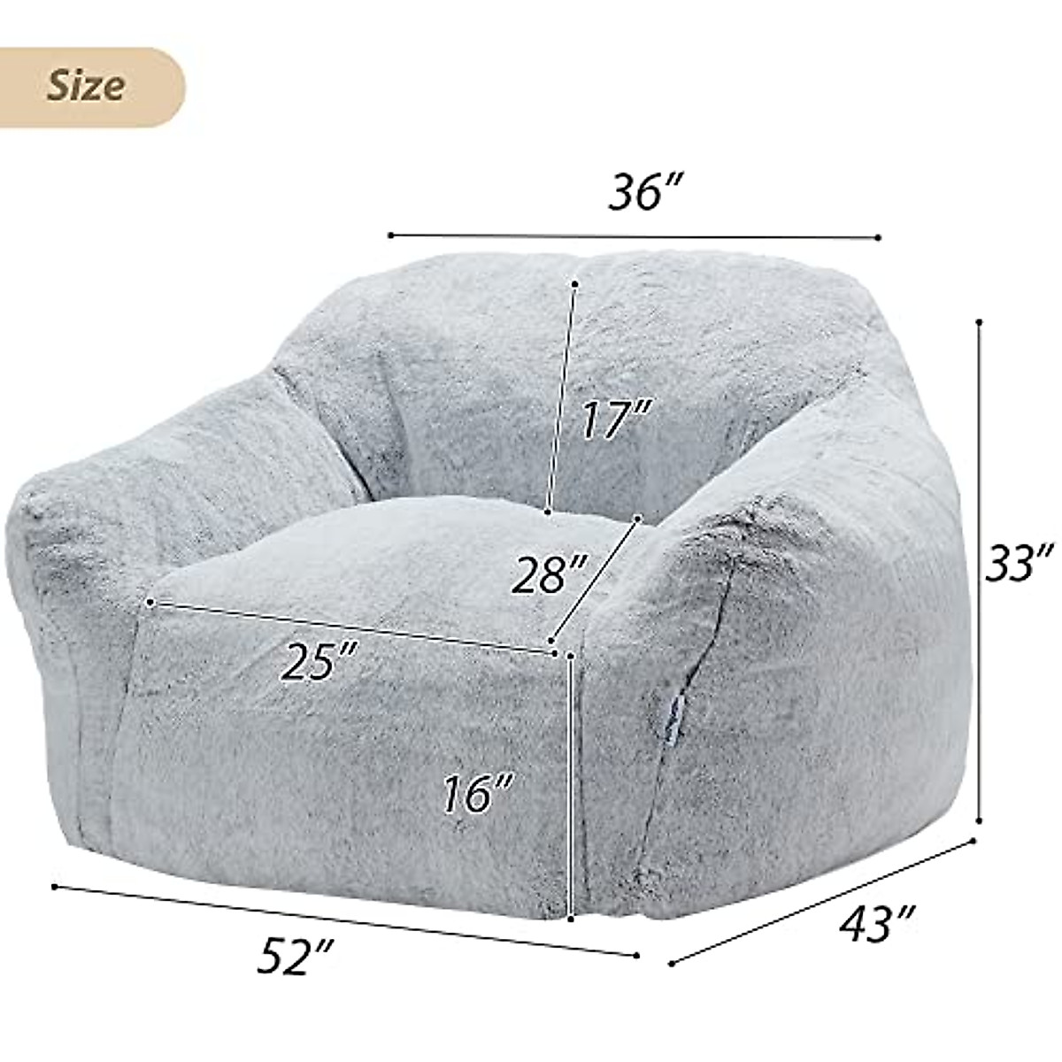 Homguava Giant Bean Bag Chair Sofa High-Density Foam Filled Sofa Chair Large Lazy BeanBag Sofa with Armrests for Living Room, Bedroom (Light Grey)