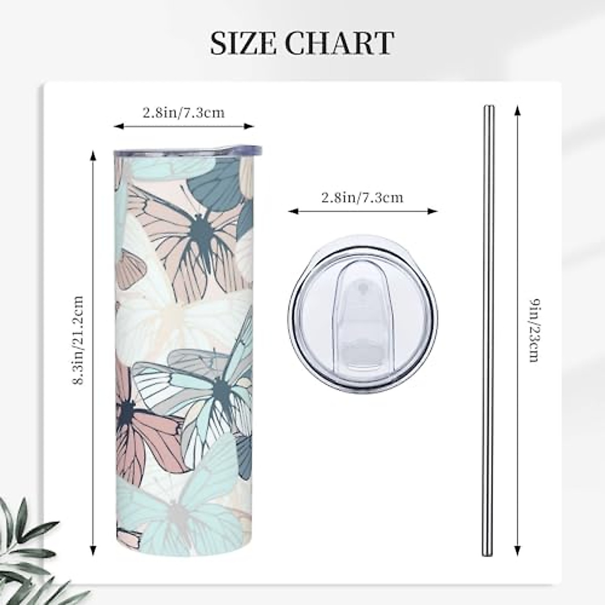 AFHYZY 20 oz Tumbler Reusable Coffee Travel Mug with Lids and Straws, Insulated Coffee Cups Leak Proof 20oz Stainless Steel Water Bottles Skinny for Women, Men, Work, Sports - Butterfly