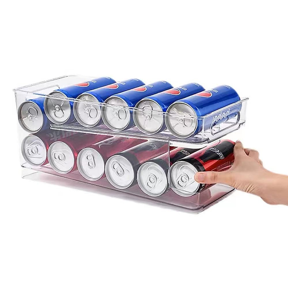 Soda Can Organizers for Refrigerator, 2-layer Automatic Rolling Beverage Storage Organizer for Freezer, Countertop, Cabinets & Pantry, Can Holder Dispenser Holds Up To 10 Cans (12oz) BPA Free, Clear
