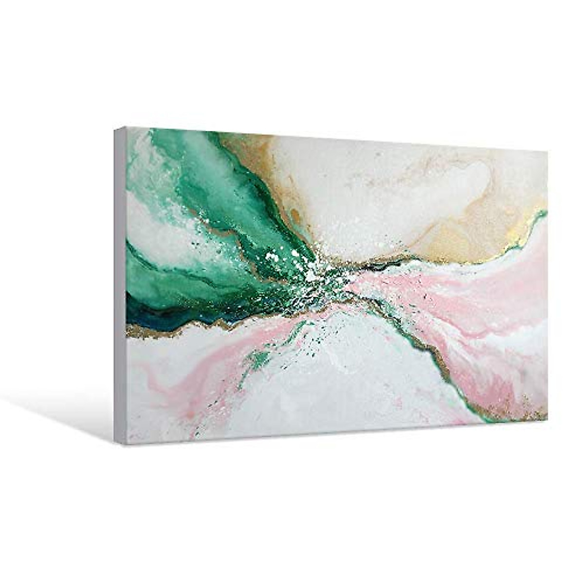 7Fisionart Abstract Wall Decor for Bedroom Emerald Green and Gold Paintings Pink Canvas Art Pictures Prints Poster Modern Framed Artwork Office Living Room Kitchen Decorations 36"x24"