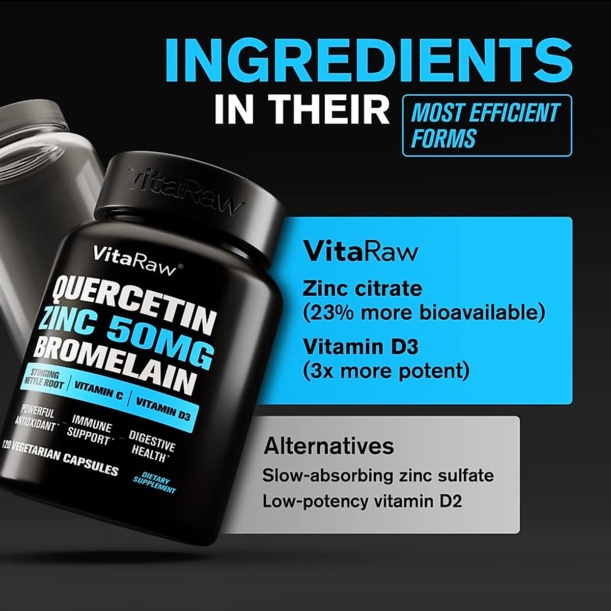 𝗪𝗜𝗡𝗡𝗘𝗥 Quercetin 500mg Supplement with Bromelain, Vitamin C, Zinc 50mg, & Vitamin D3 5000 IU - for Anti Inflammation, Immune Response, and Overall Health - 5 in 1 Immunity Health Supplement