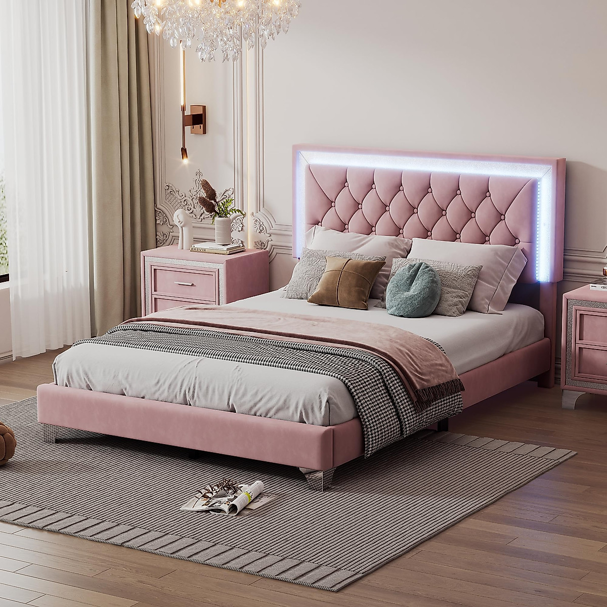 BEDGJH Upholstered Full Size Bed Frame with LED Lights, Modern Velvet Platform Bed with Tufted Headboard, Perfect for Kids Teens Girls & Boys Bedroom,No Box Spring Needed/Easy Assembly (Pink, Full)