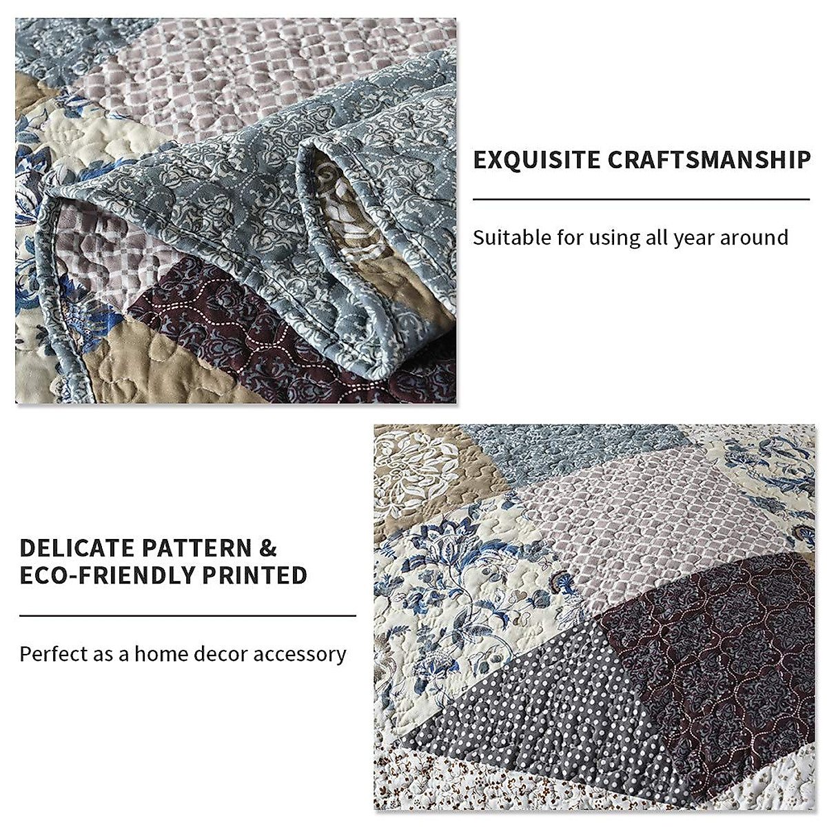 Travan 3-Piece Queen Quilt Set Quilted Bedspread Oversized Microfiber Lightweight Coverlet Set with Shams Reversible Printed Coverlet Bedding Set for All Season, Slate Blue, Queen Size