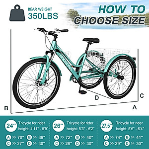 MOPHOTO Mountain Tricycle for Adults, 3 Wheeled 7-Speed Mountain Tricycle 24 inch 26 inch Men's Women's Tricycles Cruiser Bike Featuring Disc Brakes, Cargo Basket