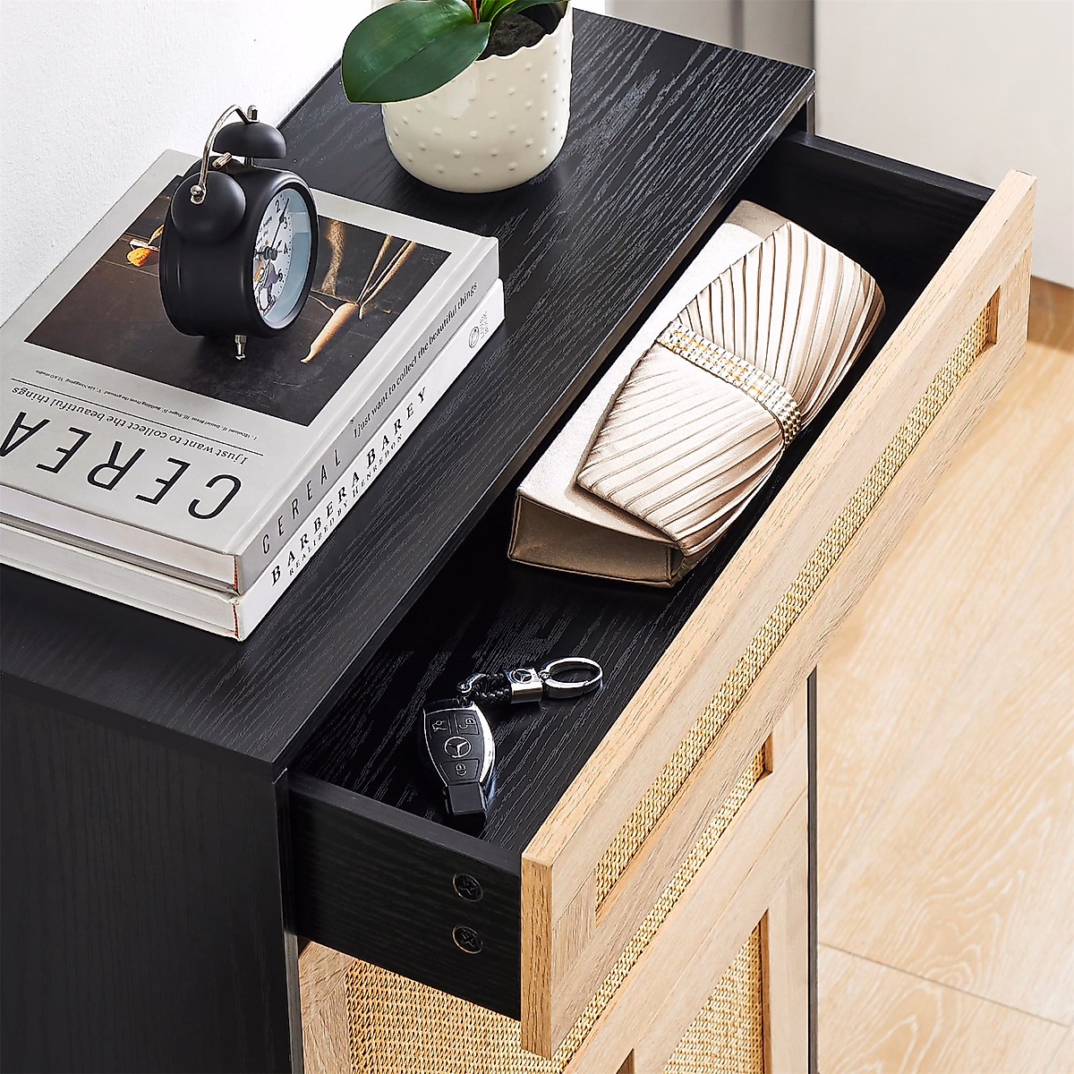 GAOMON Rattan Shoe Storage Cabinet with 3 Flip Door and 1 Drawer, Freestanding Shoe Organizer Rack for Entryway, Hidden Shoe Cabinet with 3-Tier Adjustable Shelves for Hallway Living Room (Black)