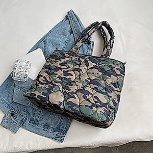 AZURAOKEY Puffer Tote Bag for Women, Autumn Winter Down Padded Shoulder Bags Large Capacity Casual Quilted Shoulder Bags Zipper Pocket Cotton Pouch for Shopping-Camouflage
