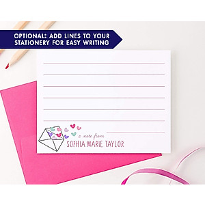 Personalized Girls Stationary with Envelopes FLAT NOTE CARDS, Heart Stationary with Envelopes, Personalized Girls Note Cards with Heart Note Cards with Envelopes, Your Choice of Colors and Quantity