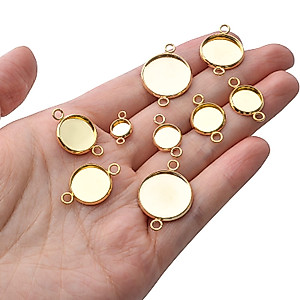 24pcs Gold Stainless Steel Cabochon Connectors Settings Round Blank Bezel Pendant Connector Trays Cabochon Pendant Bezel Blanks Links for DIY Jewelry Making,6 Sizes