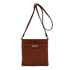 Women's Medium Size Solid Modern Classic Crossbody Bag with Gold Plate (Brown)