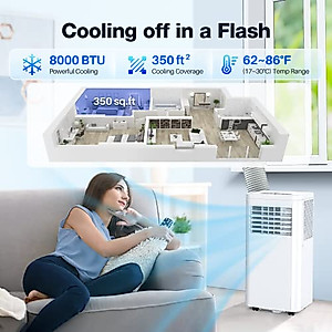 Rintuf Portable Air Conditioner, 8000 BTU AC Unit with Dehumidifier & Fan Modes, Up to 350 Sq.Ft, Remote Control, 24H On/Off Timer, Quiet Air Conditioner for Room, Window Mount Kit