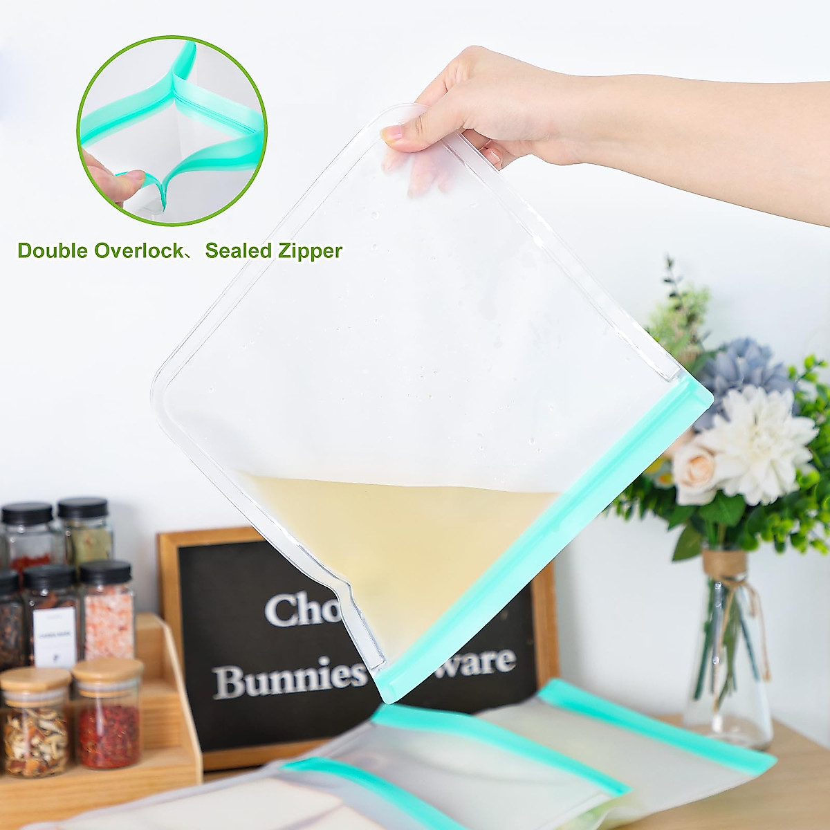 Moretoes 20 Pack Reusable Freezer Food Storage Bags, Silicone Bags Reusable Storage, Quart Freezer Bags for Lunch Marinate Food Travel (Green, 6 Sizes, Stand Up & Lay Flat)