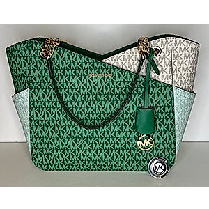 Michael Kors Jet Set Travel Large Chain Shoulder Tote bundled Purse Hook (Palmetto Green MK Colorblock)