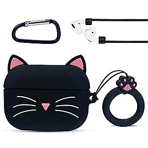 Airpods Pro Case Cute Cat Kitty Silicone Cover 3D Anime Cartoon Kawaii Funny Novelty Cool Protective Carrying Skin with Anti-Lost Strap Carabiner for Girls Women Kids Airpod 3 Wirless Charging Case